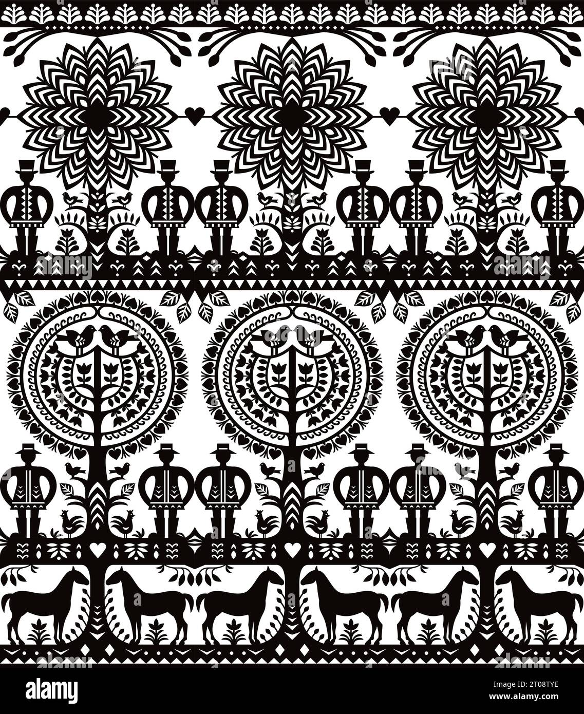 Polish folk art vector pattern with rural scene - two country men in ...