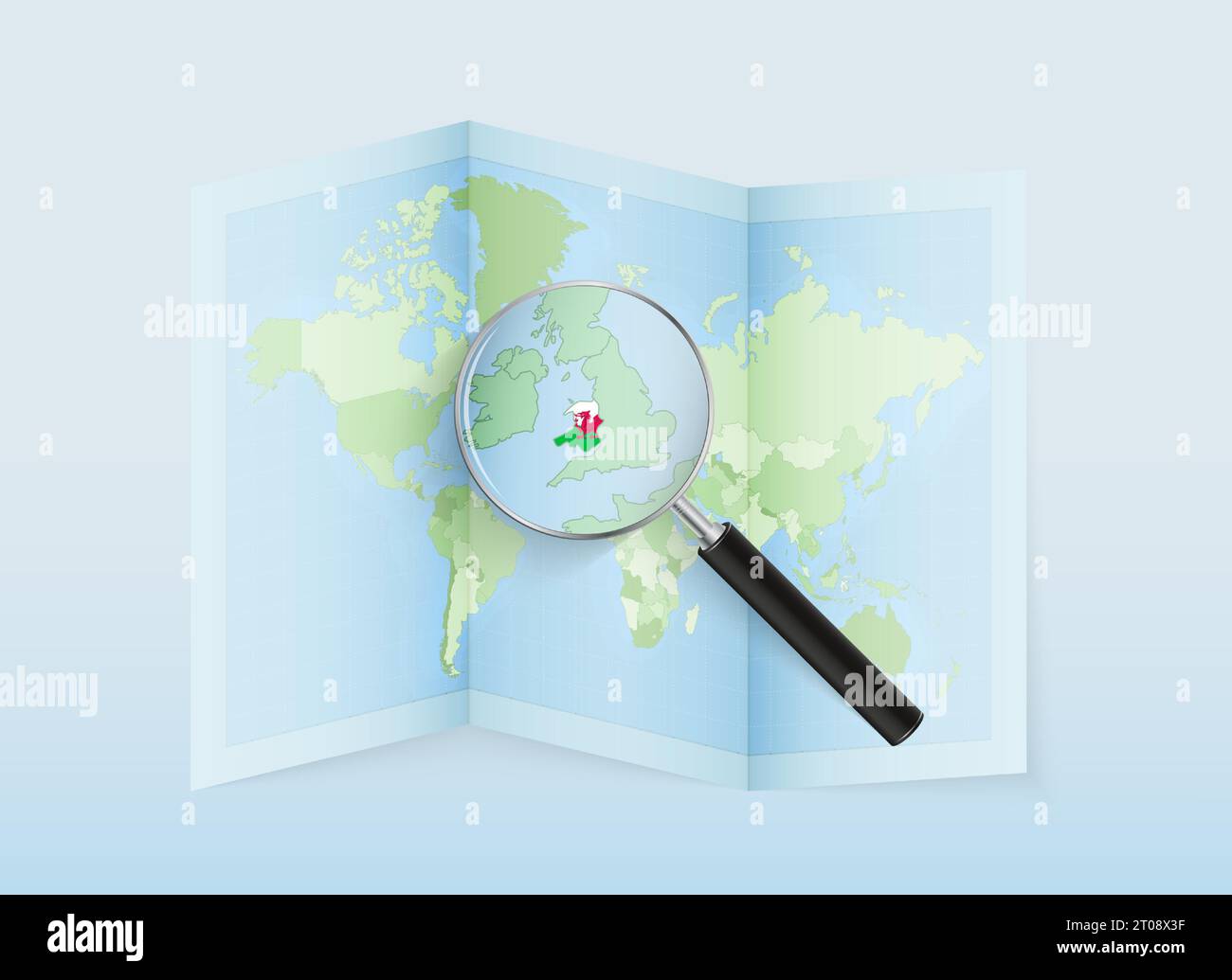 A folded world map with a magnifying lens pointing towards Wales. Map and flag of Italy in loupe ...