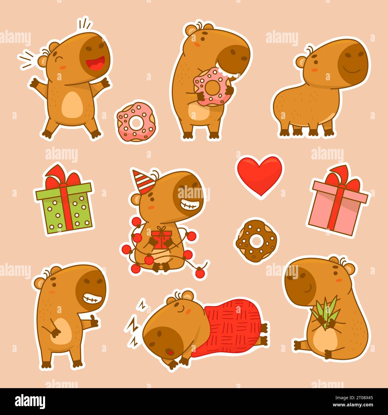 Collection sticker cute capybaras with donut and garland, gift, birthday and sleeping capibara ...