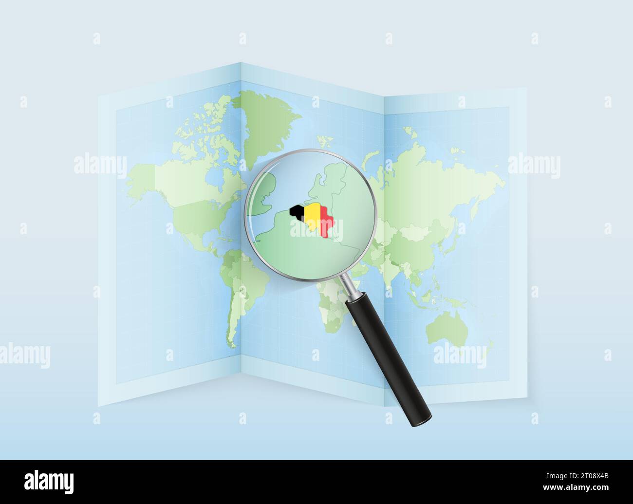 A folded world map with a magnifying lens pointing towards Belgium. Map ...