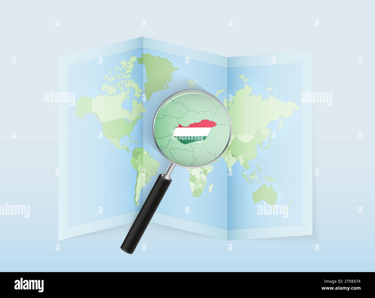 A folded world map with a magnifying lens pointing towards Hungary. Map and flag of Italy in ...