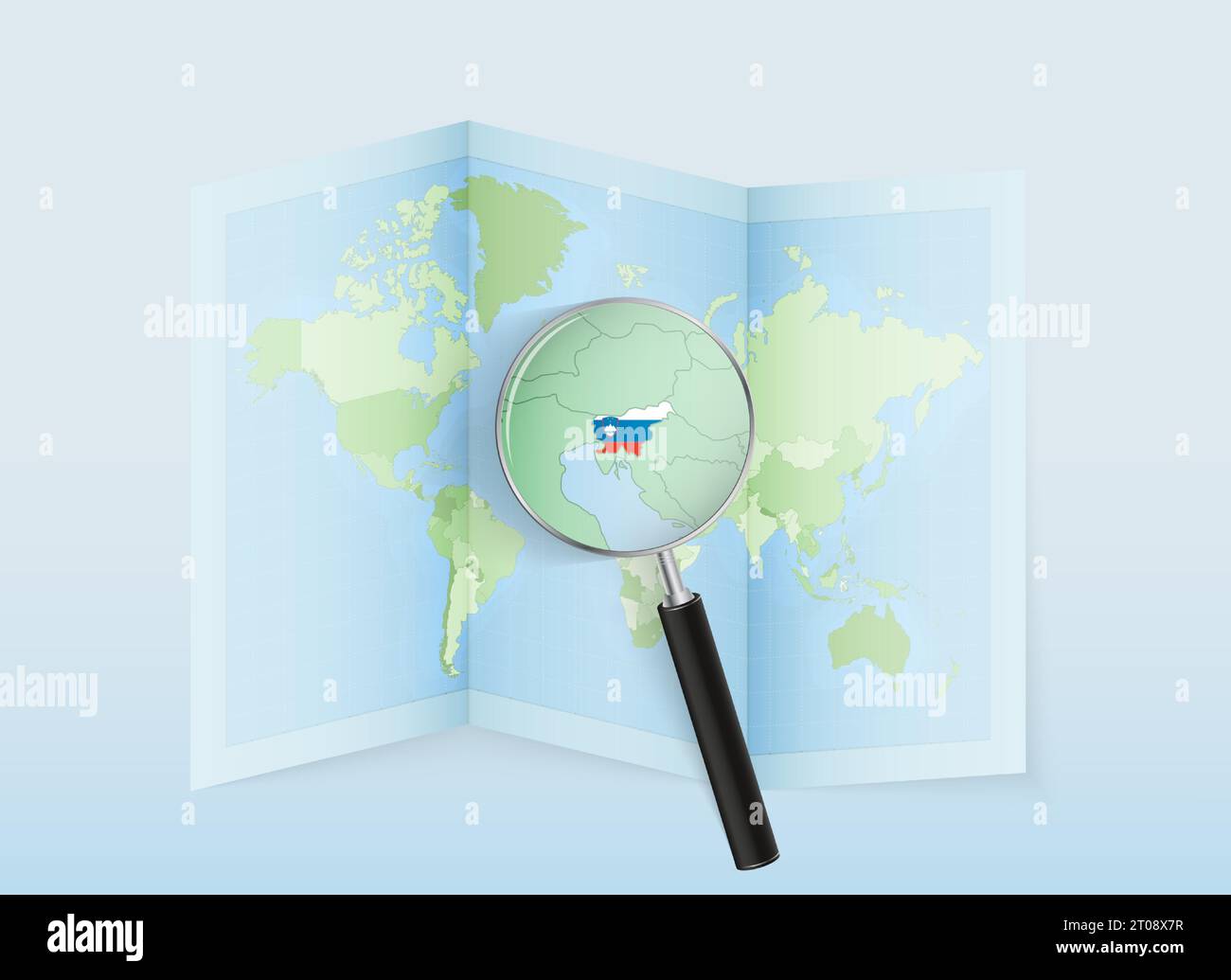 A folded world map with a magnifying lens pointing towards Slovenia ...