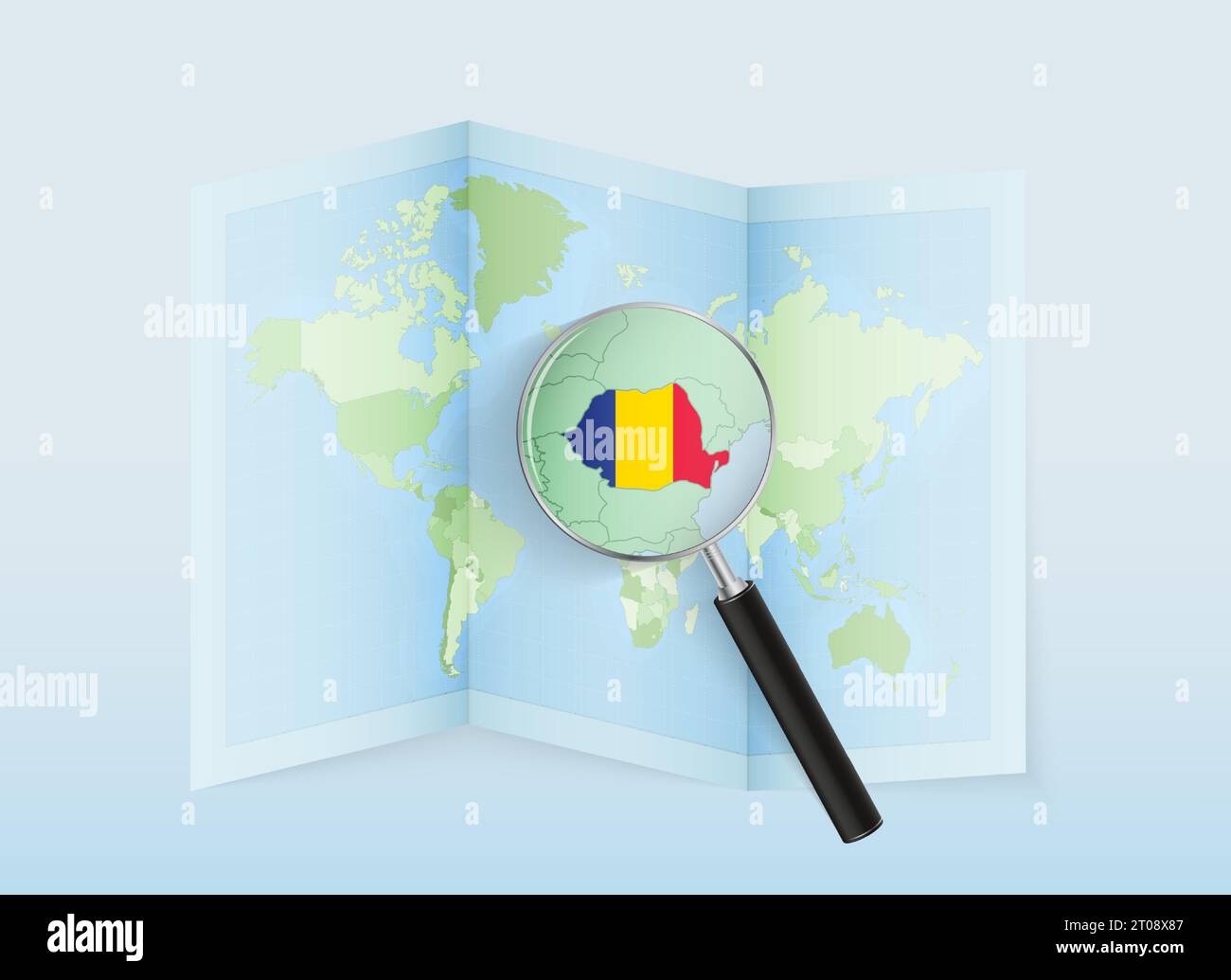 A folded world map with a magnifying lens pointing towards Romania. Map ...