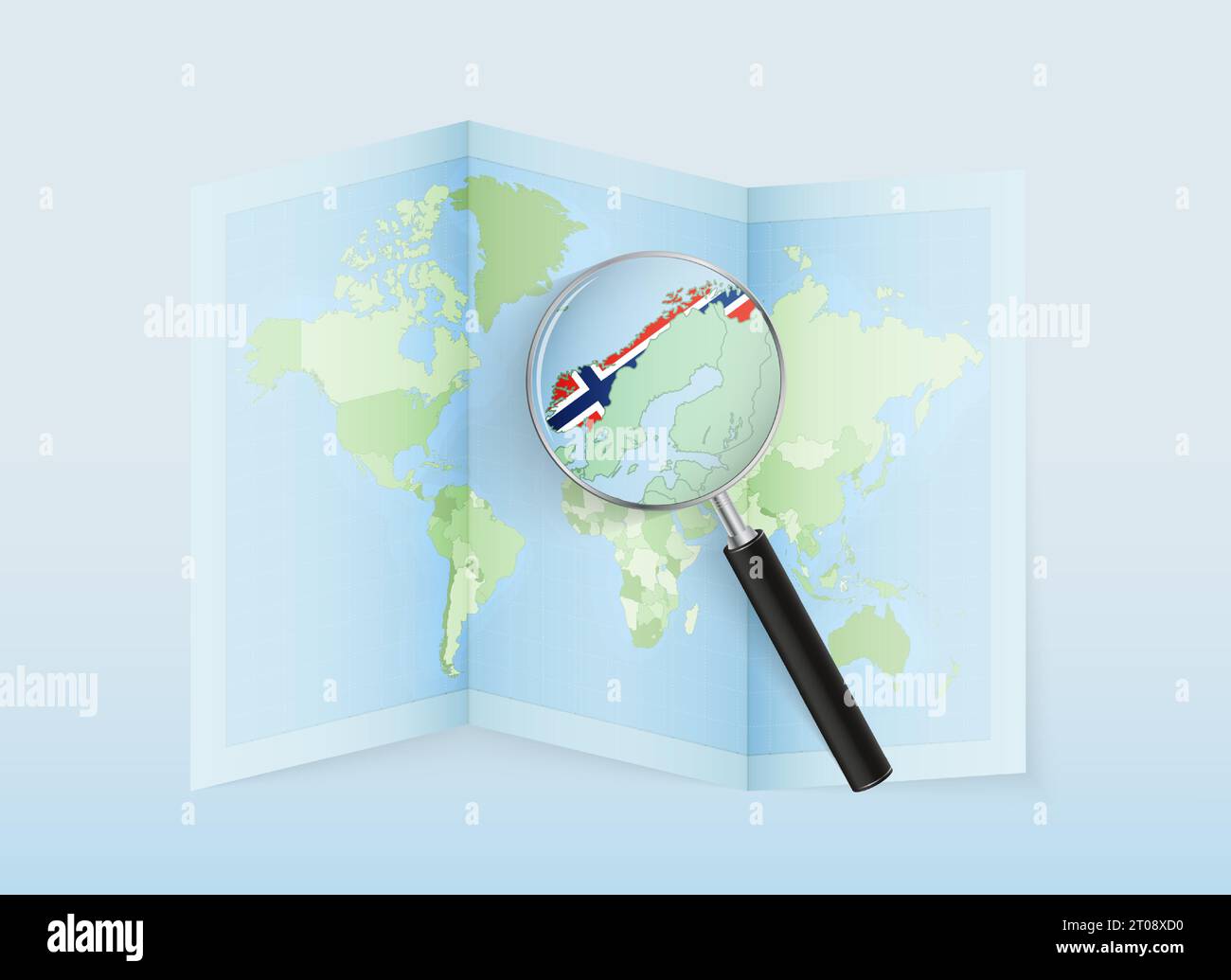 A folded world map with a magnifying lens pointing towards Norway. Map and flag of Italy in ...