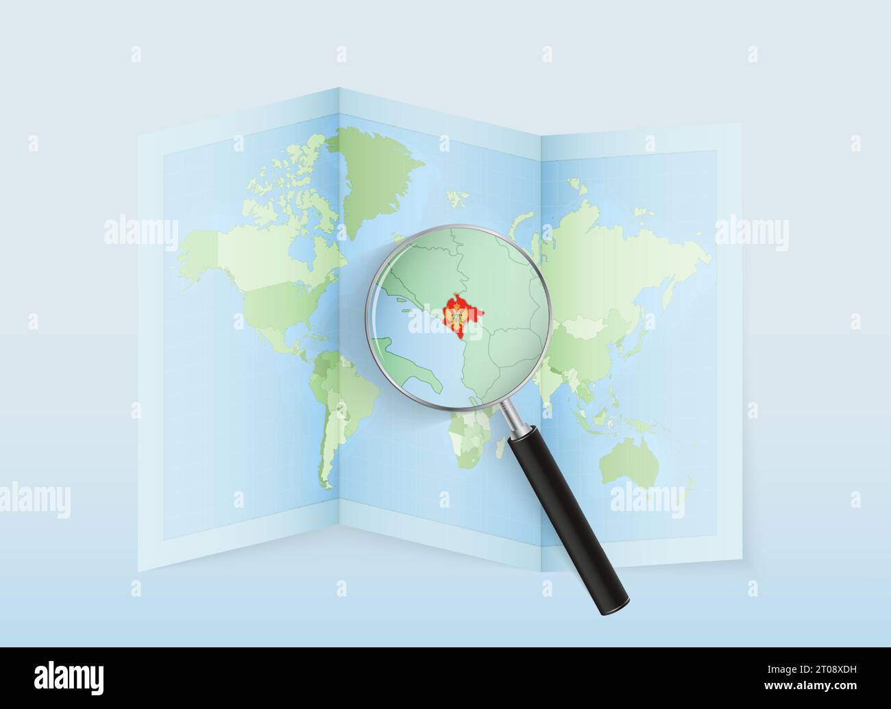 A folded world map with a magnifying lens pointing towards Montenegro. Map and flag of Italy in ...