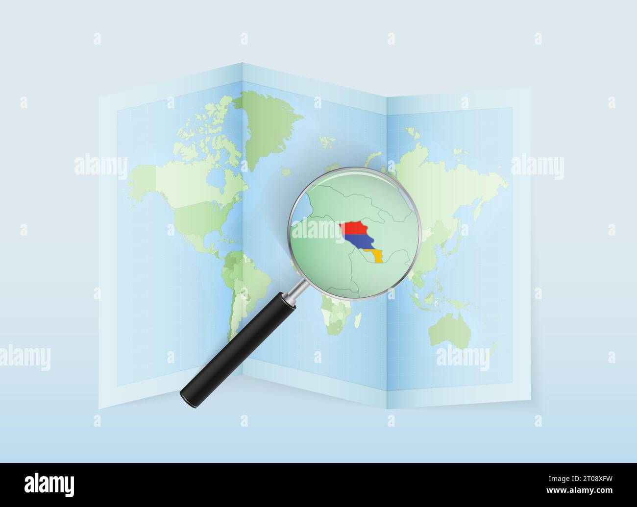 A folded world map with a magnifying lens pointing towards Armenia. Map and flag of Italy in ...