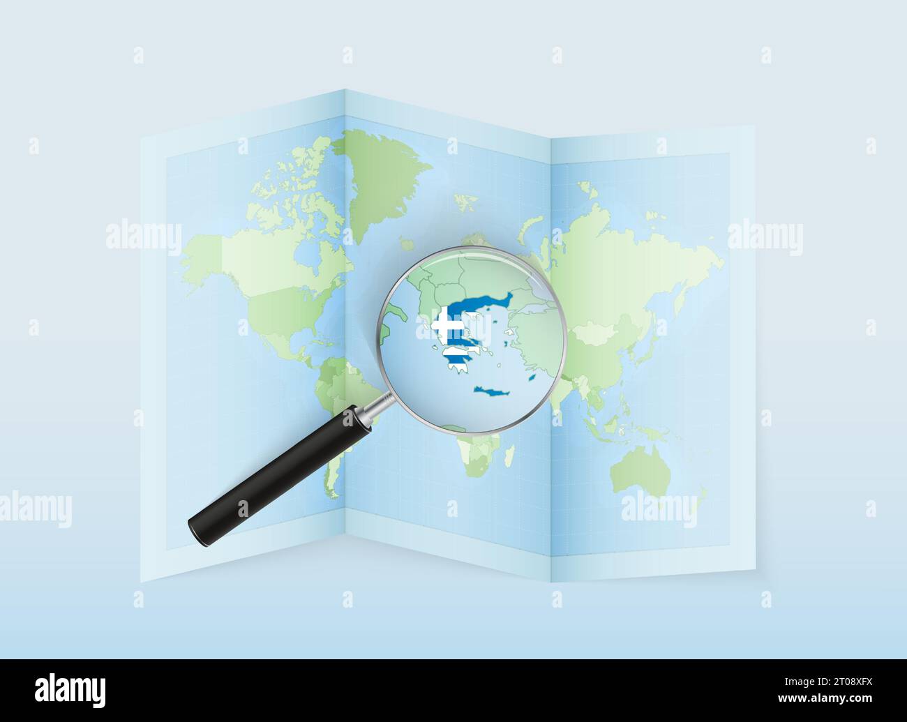 A folded world map with a magnifying lens pointing towards Greece. Map ...