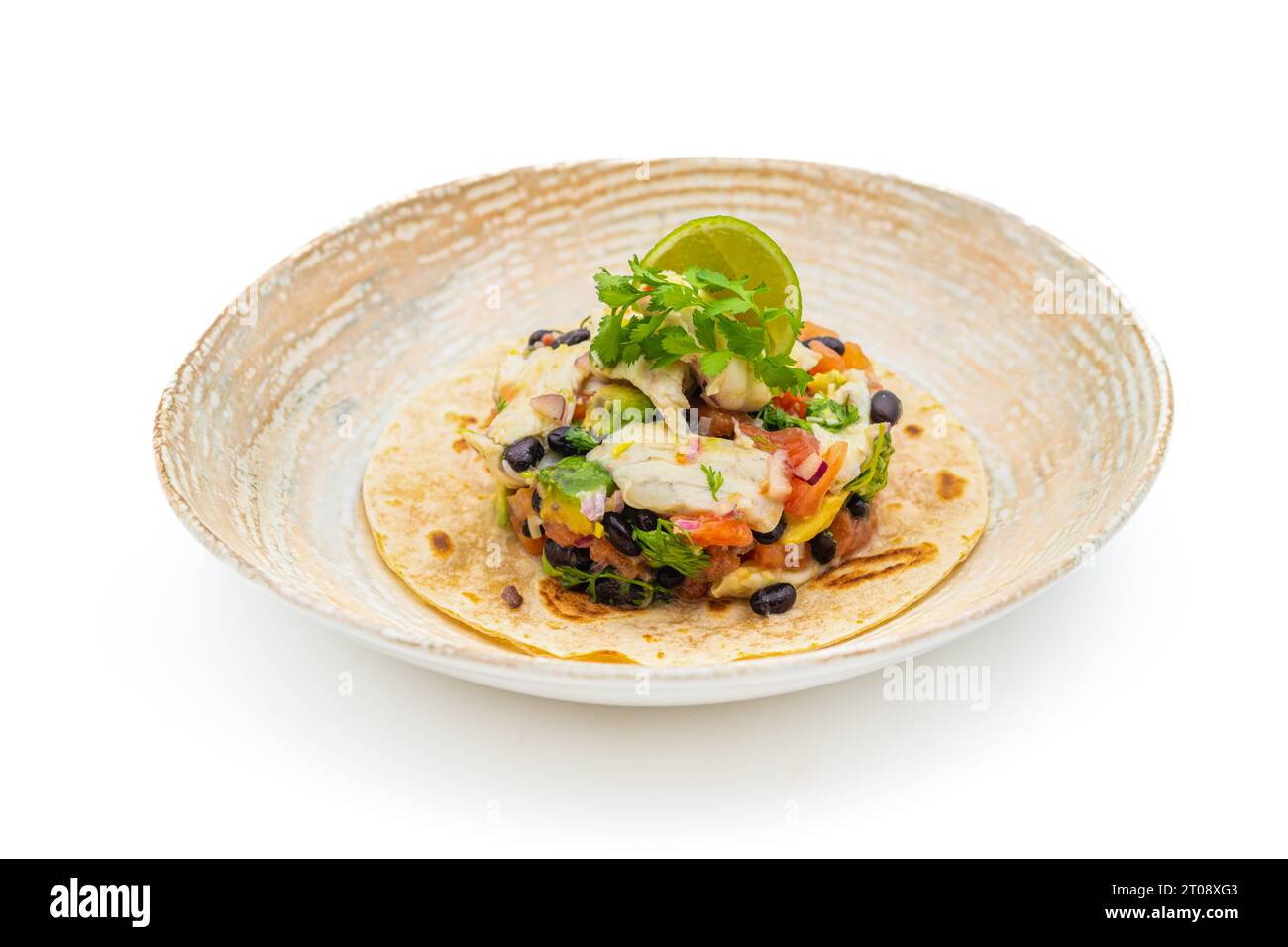 Fish ceviche toast on porcelain plate on white background. Spanish name ...