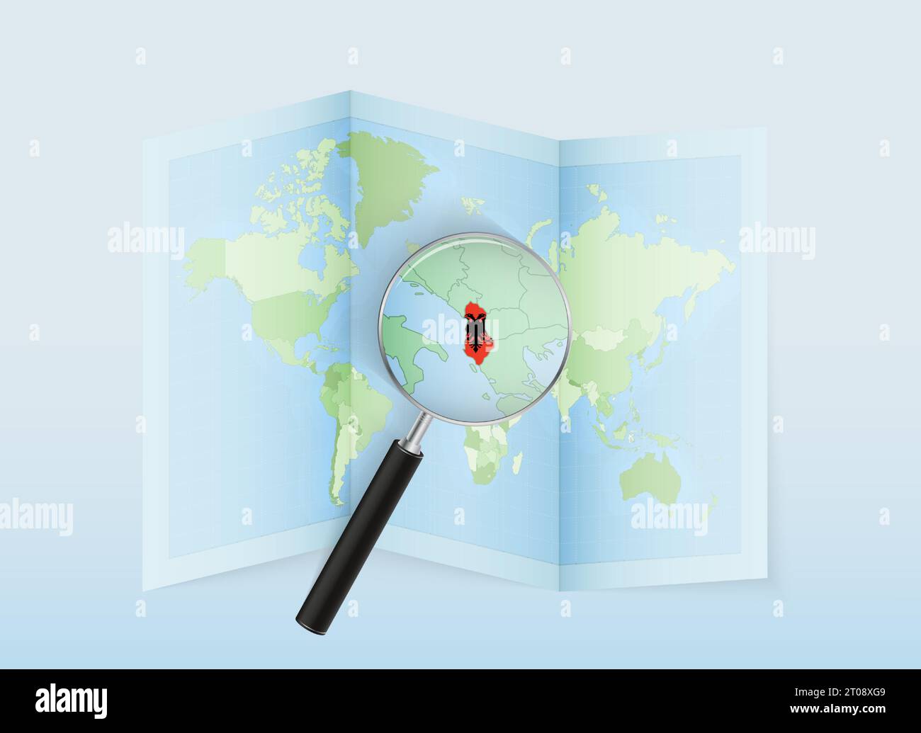 A folded world map with a magnifying lens pointing towards Albania. Map and flag of Italy in ...