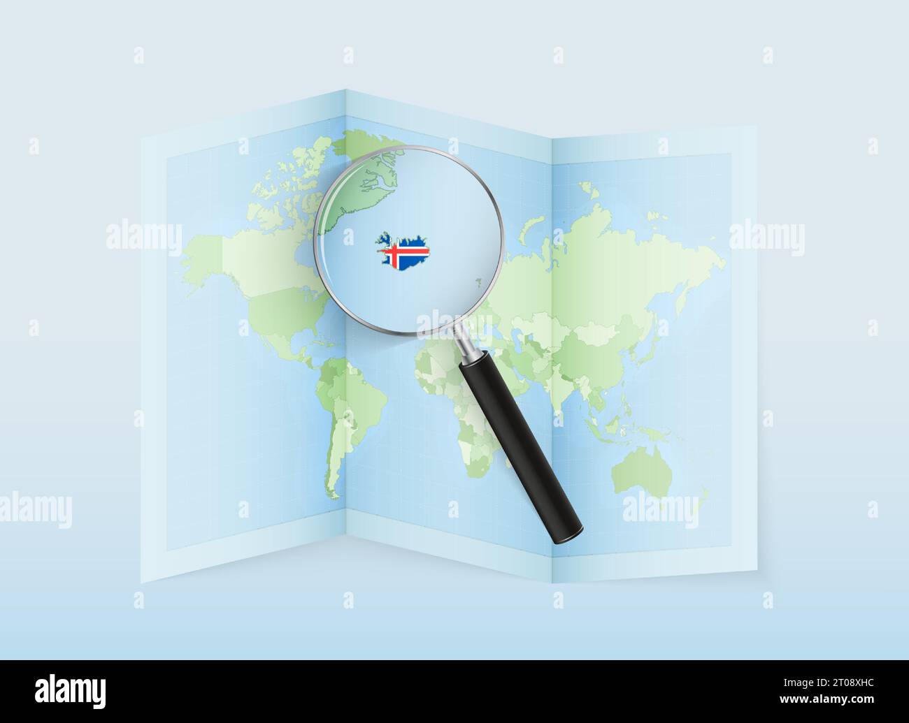 A folded world map with a magnifying lens pointing towards Iceland. Map and flag of Italy in ...