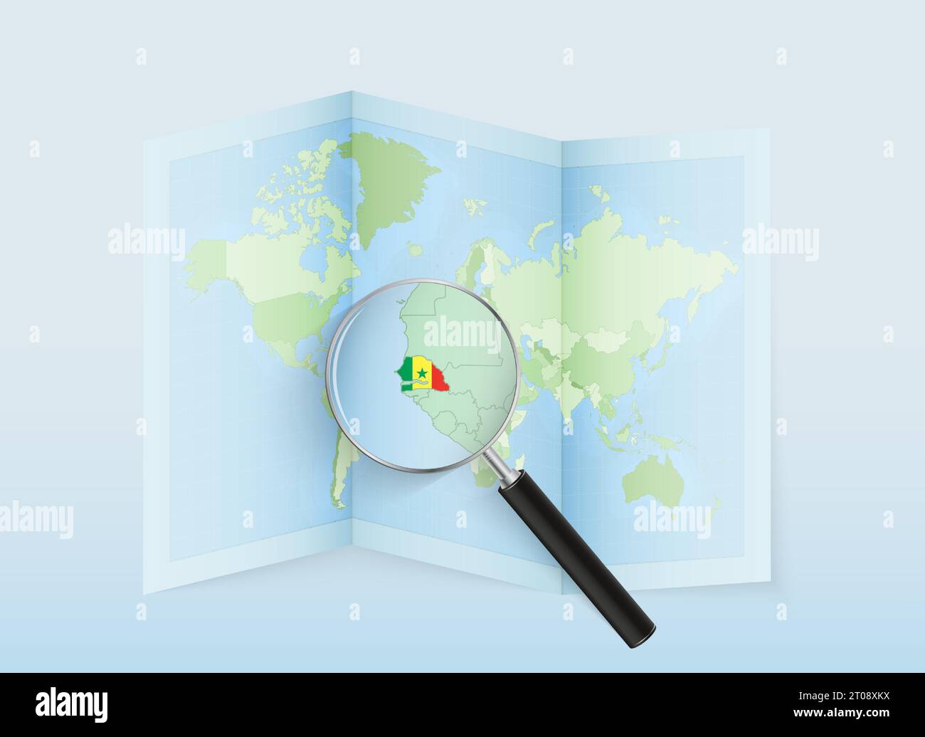 A folded world map with a magnifying lens pointing towards Senegal. Map and flag of Italy in ...