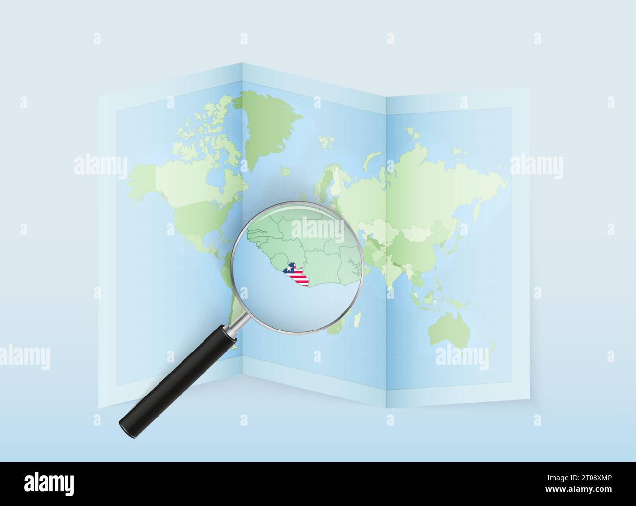 A folded world map with a magnifying lens pointing towards Liberia. Map ...