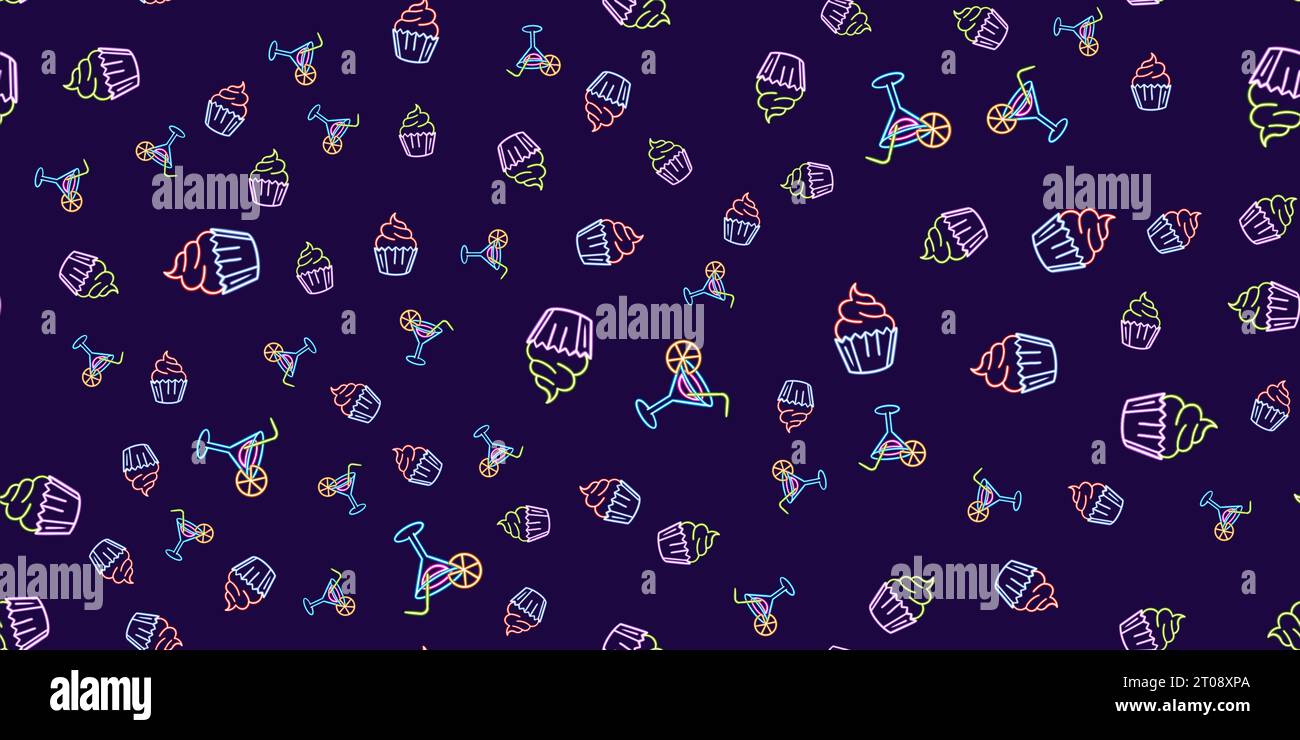 seamless pattern cocktail bar glowing desktop icon, neon cupcake ...