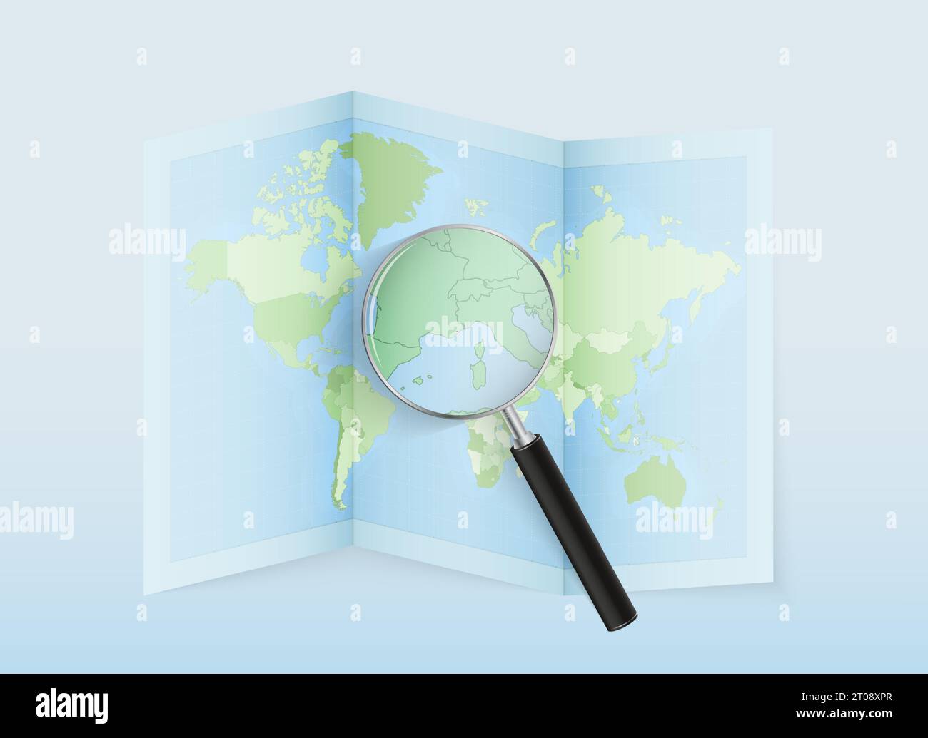 A folded world map with a magnifying lens pointing towards Monaco. Map and flag of Italy in ...