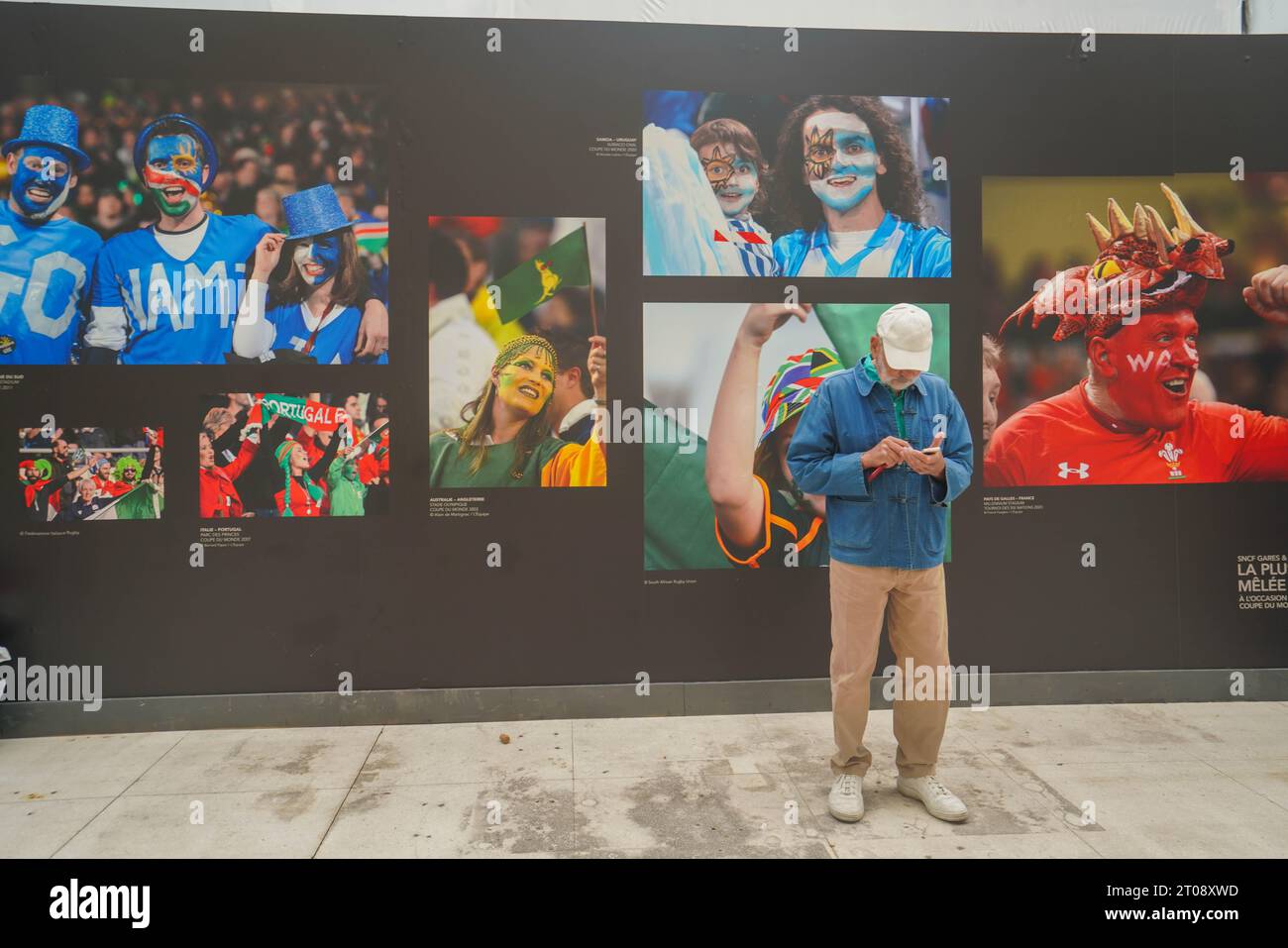 Paris France, 5 October 2023.Pictures of Rugby fans are displayed at ...