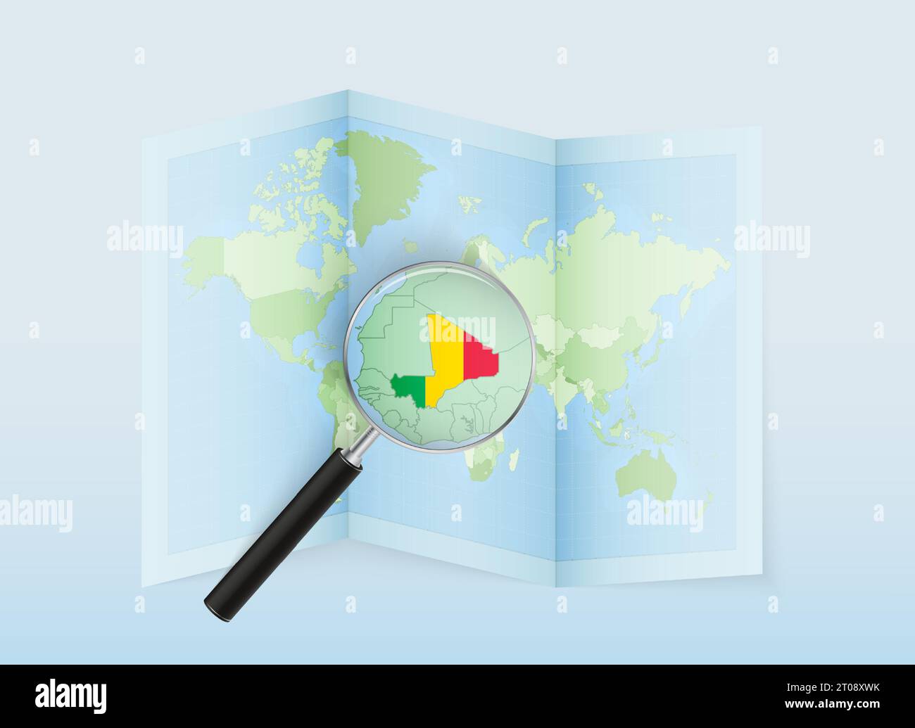 A folded world map with a magnifying lens pointing towards Mali. Map and flag of Italy in loupe ...