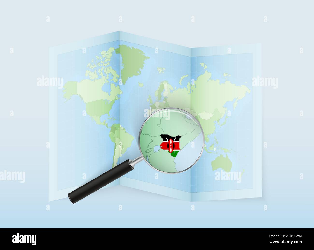 A folded world map with a magnifying lens pointing towards Kenya. Map and flag of Italy in loupe ...