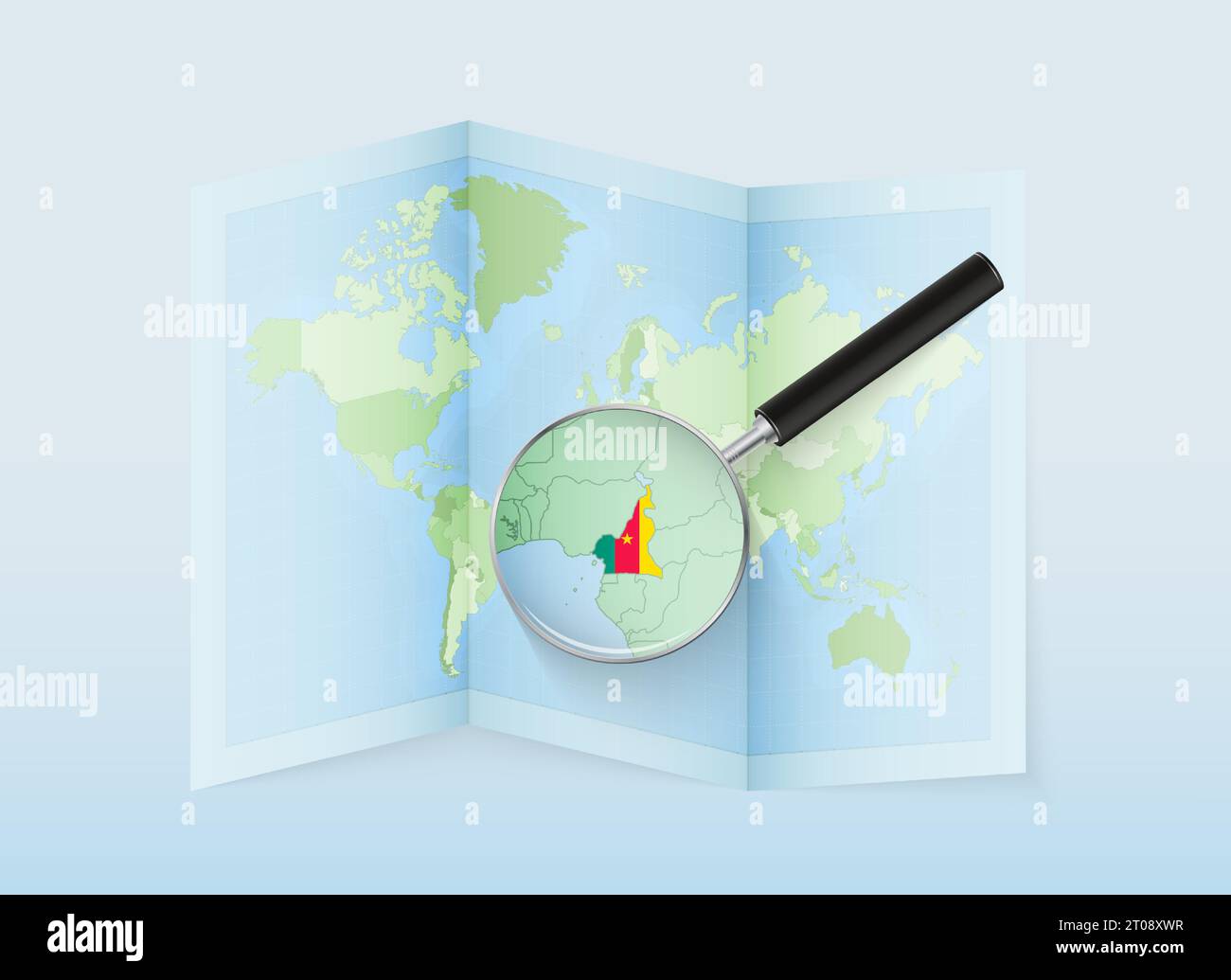 A folded world map with a magnifying lens pointing towards Cameroon ...