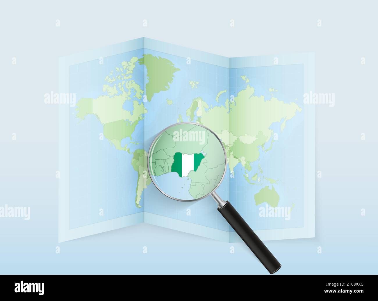 A folded world map with a magnifying lens pointing towards Nigeria. Map and flag of Italy in ...
