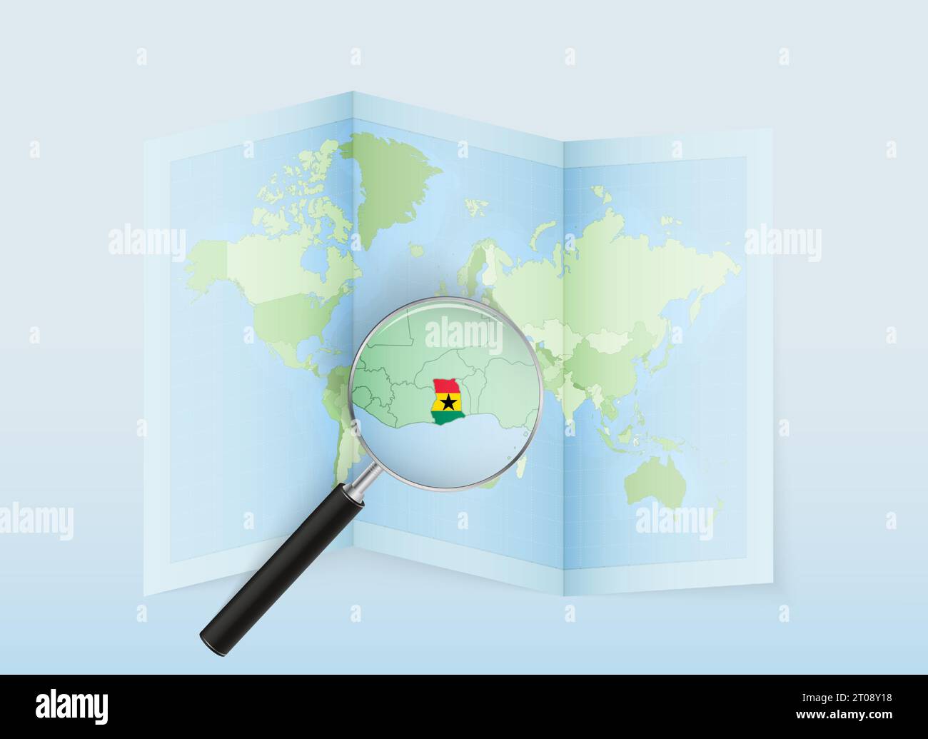 A folded world map with a magnifying lens pointing towards Ghana. Map ...