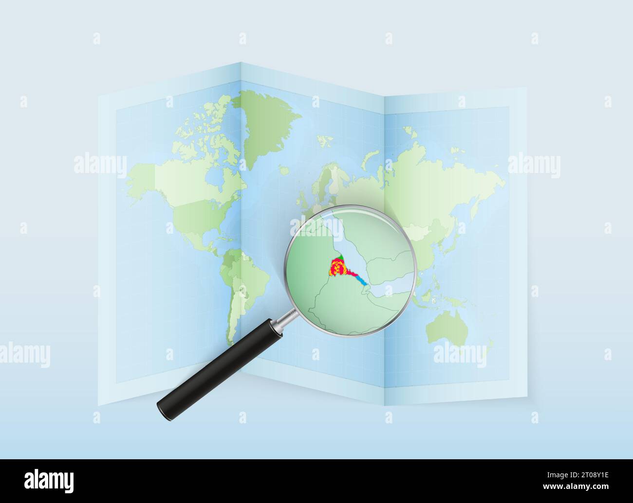 A Folded World Map With A Magnifying Lens Pointing Towards Eritrea Map And Flag Of Italy In