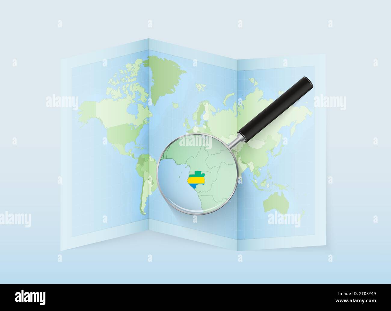 A folded world map with a magnifying lens pointing towards Gabon. Map and flag of Italy in loupe ...