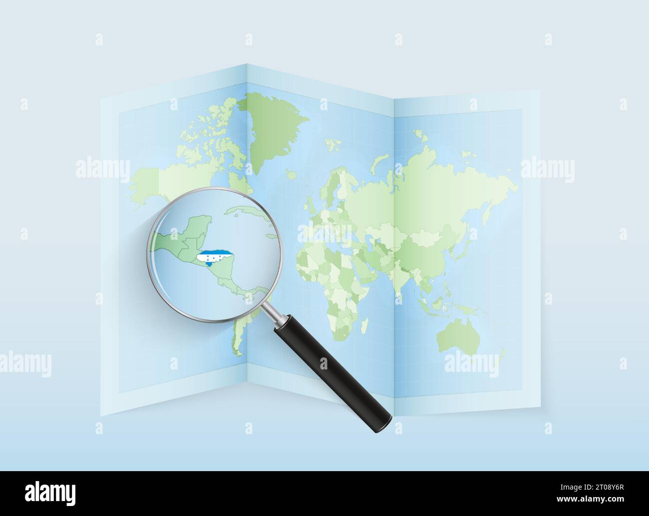 A folded world map with a magnifying lens pointing towards Honduras. Map and flag of Italy in ...