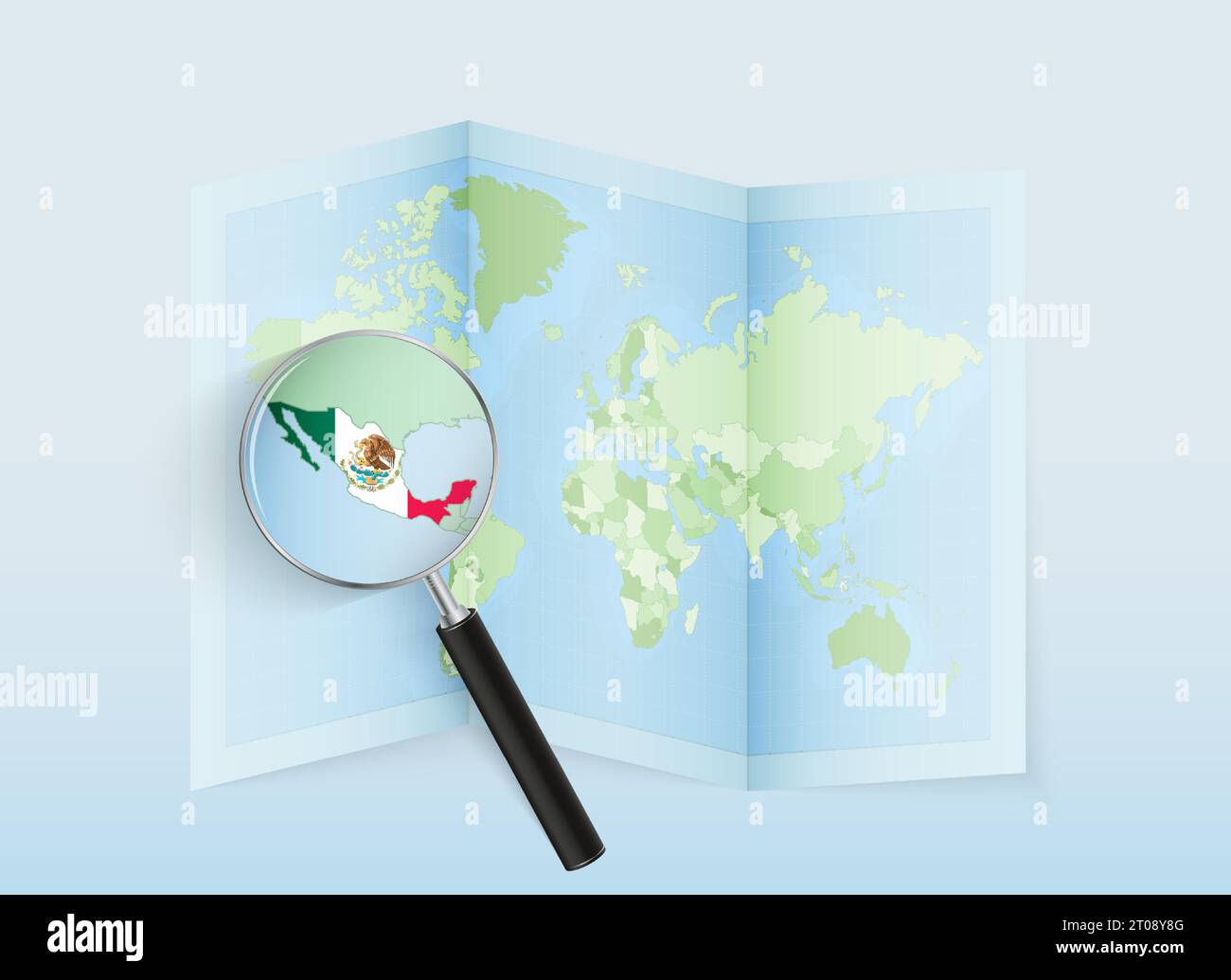 A folded world map with a magnifying lens pointing towards Mexico. Map ...