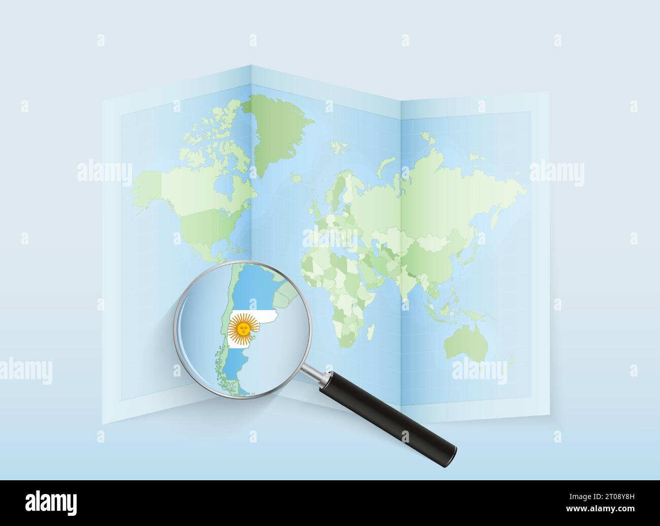 A folded world map with a magnifying lens pointing towards Argentina. Map and flag of Italy in ...