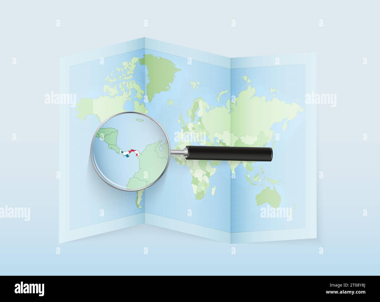 A folded world map with a magnifying lens pointing towards Panama. Map and flag of Italy in ...