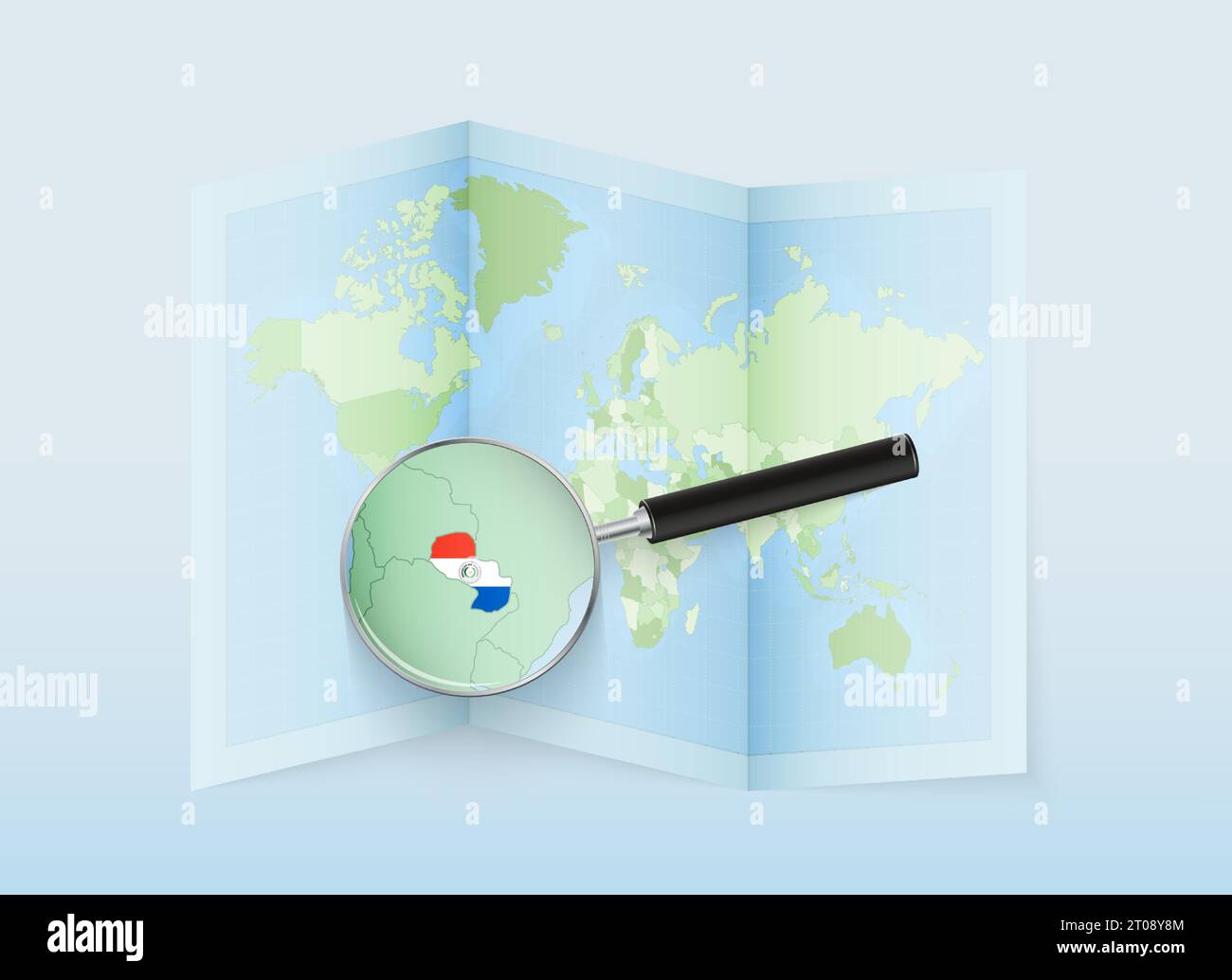 A folded world map with a magnifying lens pointing towards Paraguay. Map and flag of Italy in ...