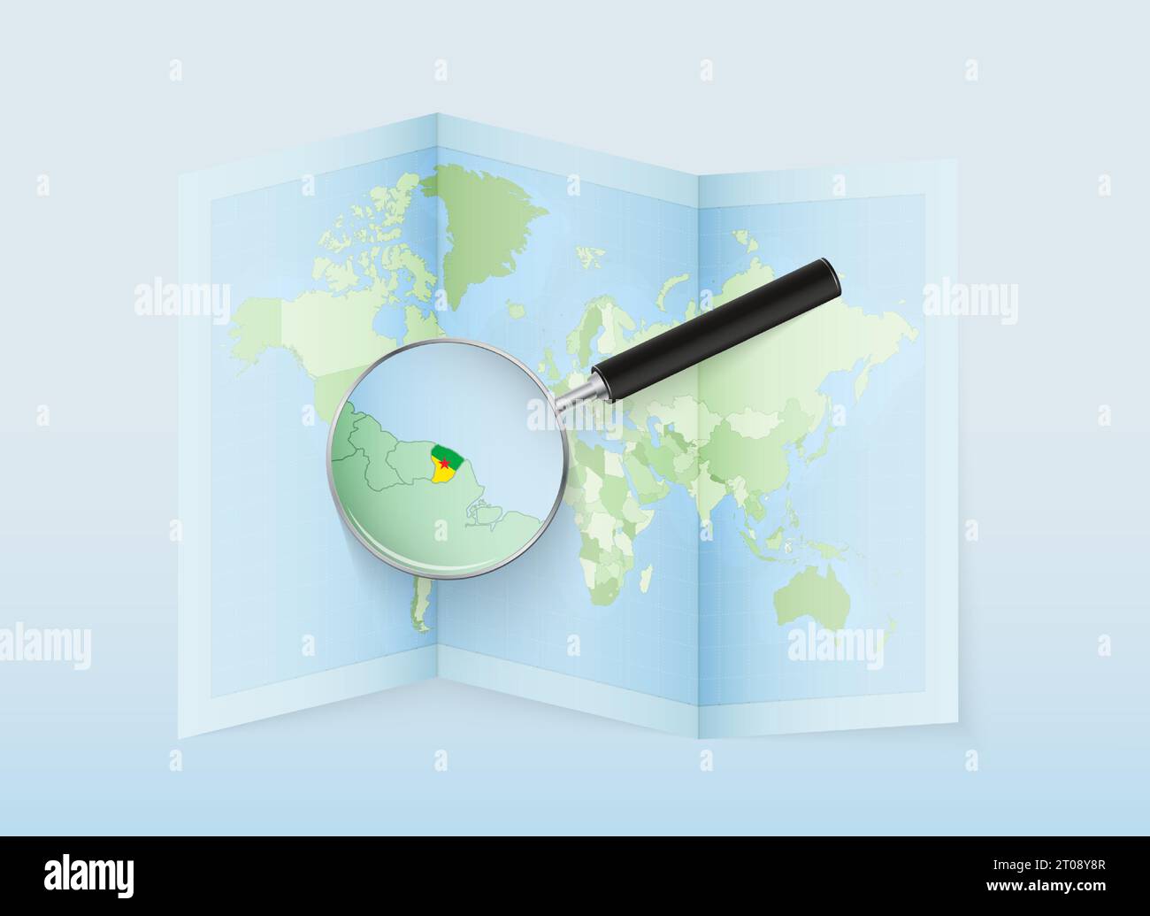A folded world map with a magnifying lens pointing towards French ...