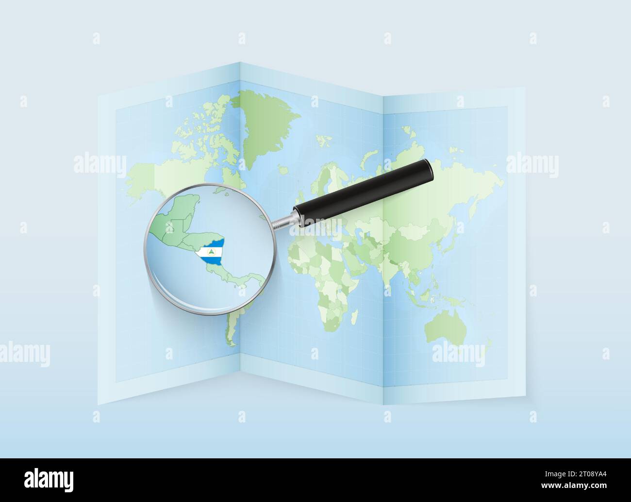 A folded world map with a magnifying lens pointing towards Nicaragua. Map and flag of Italy in ...