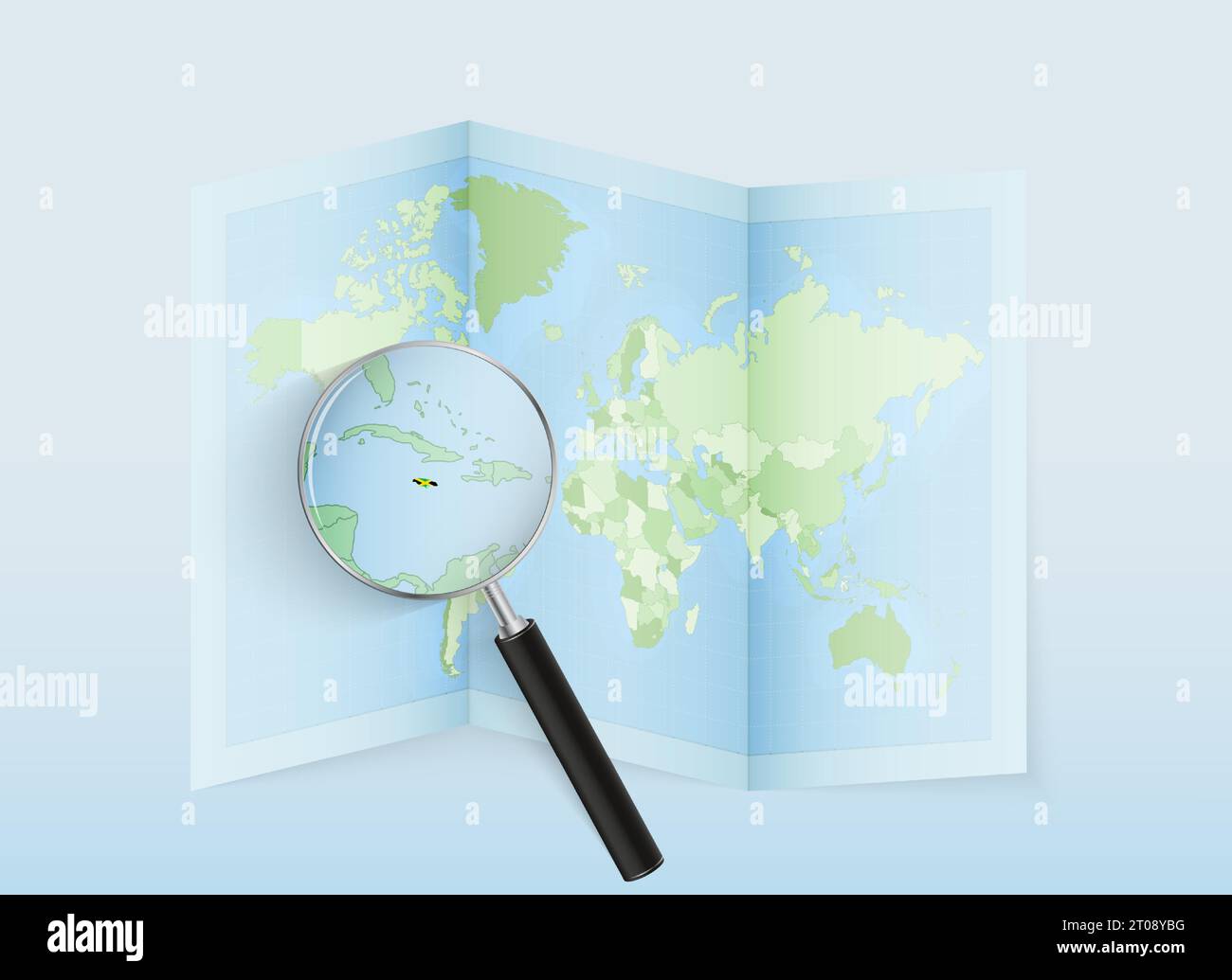 A folded world map with a magnifying lens pointing towards Jamaica. Map ...