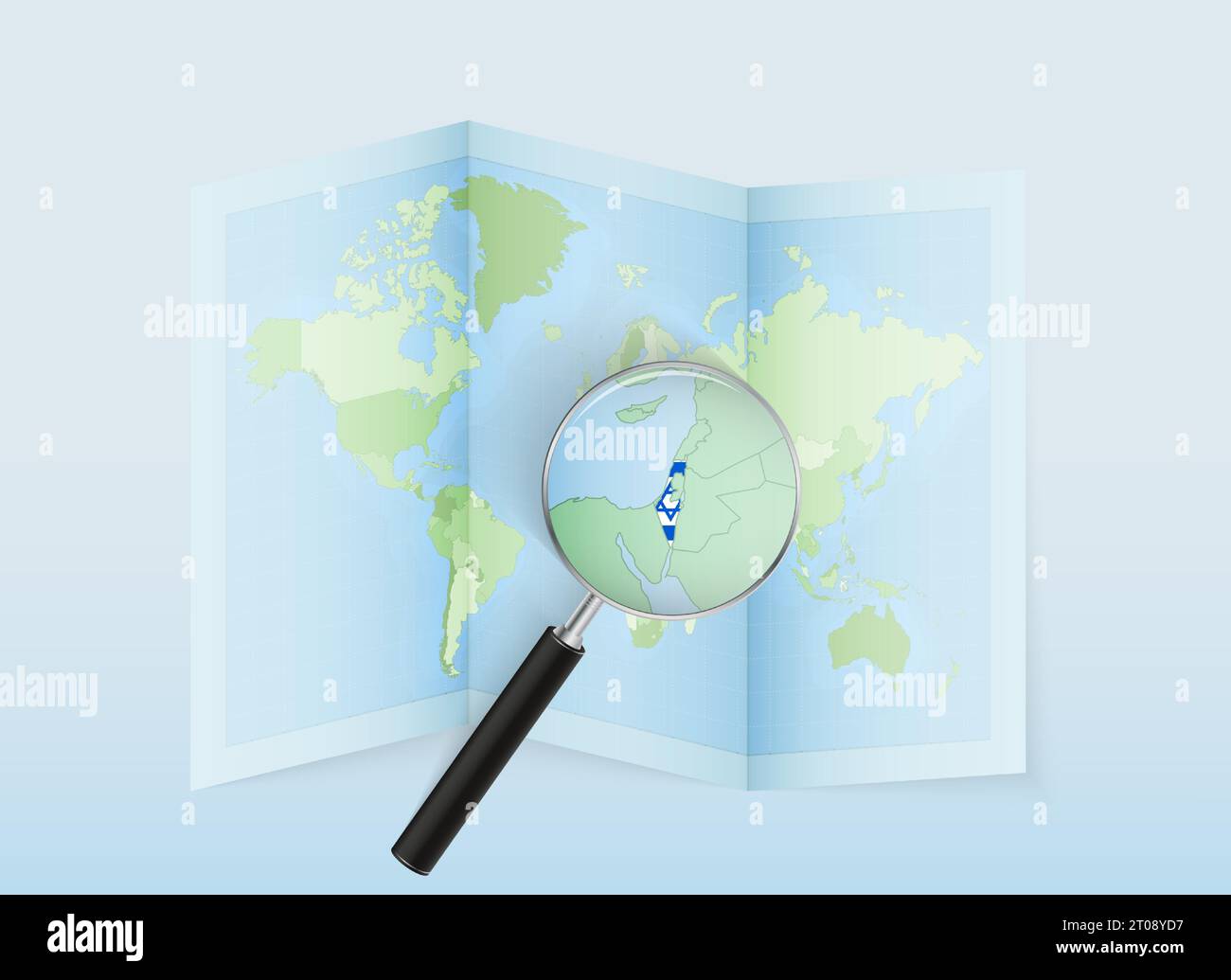 A folded world map with a magnifying lens pointing towards Israel. Map ...