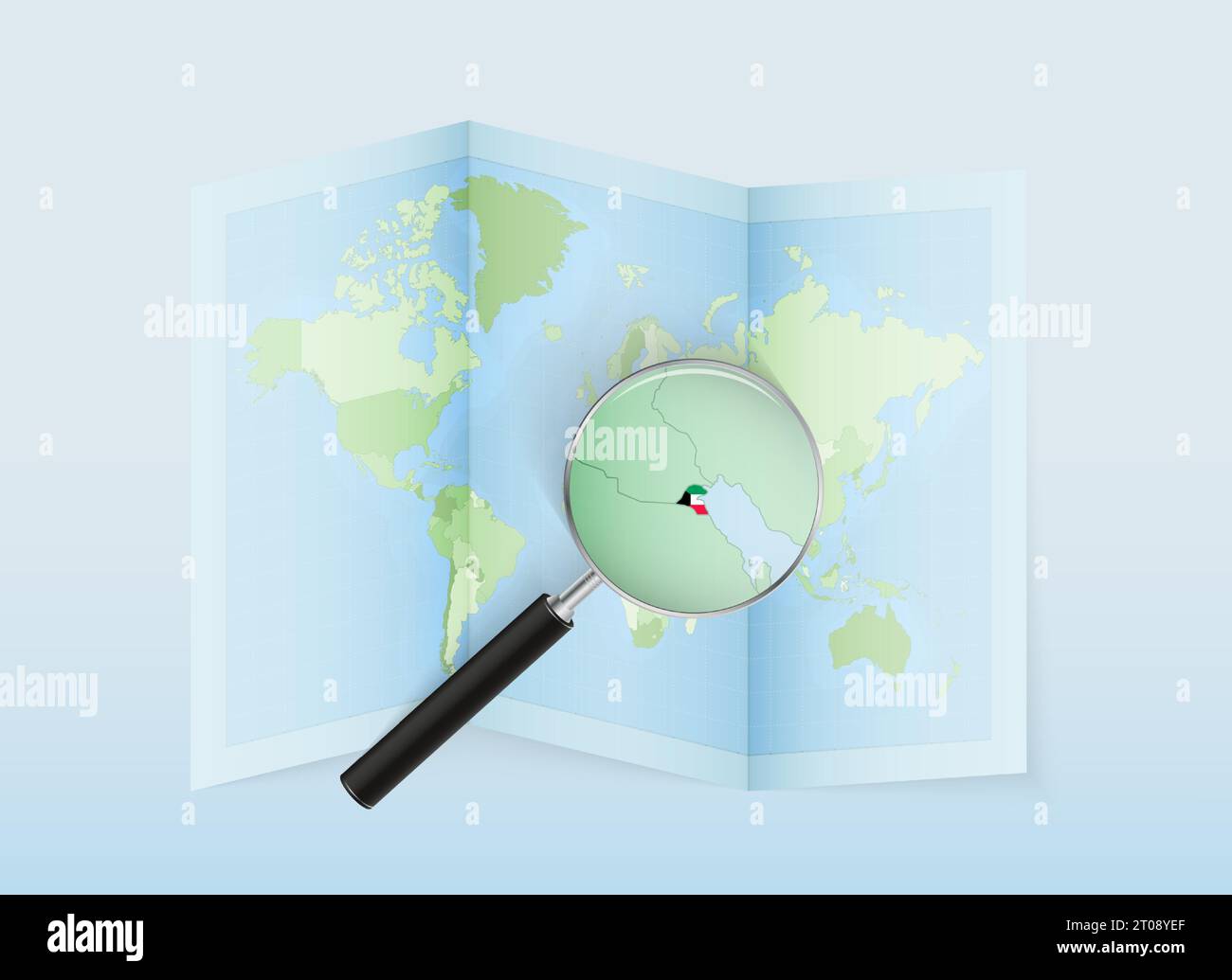 A folded world map with a magnifying lens pointing towards Kuwait. Map ...
