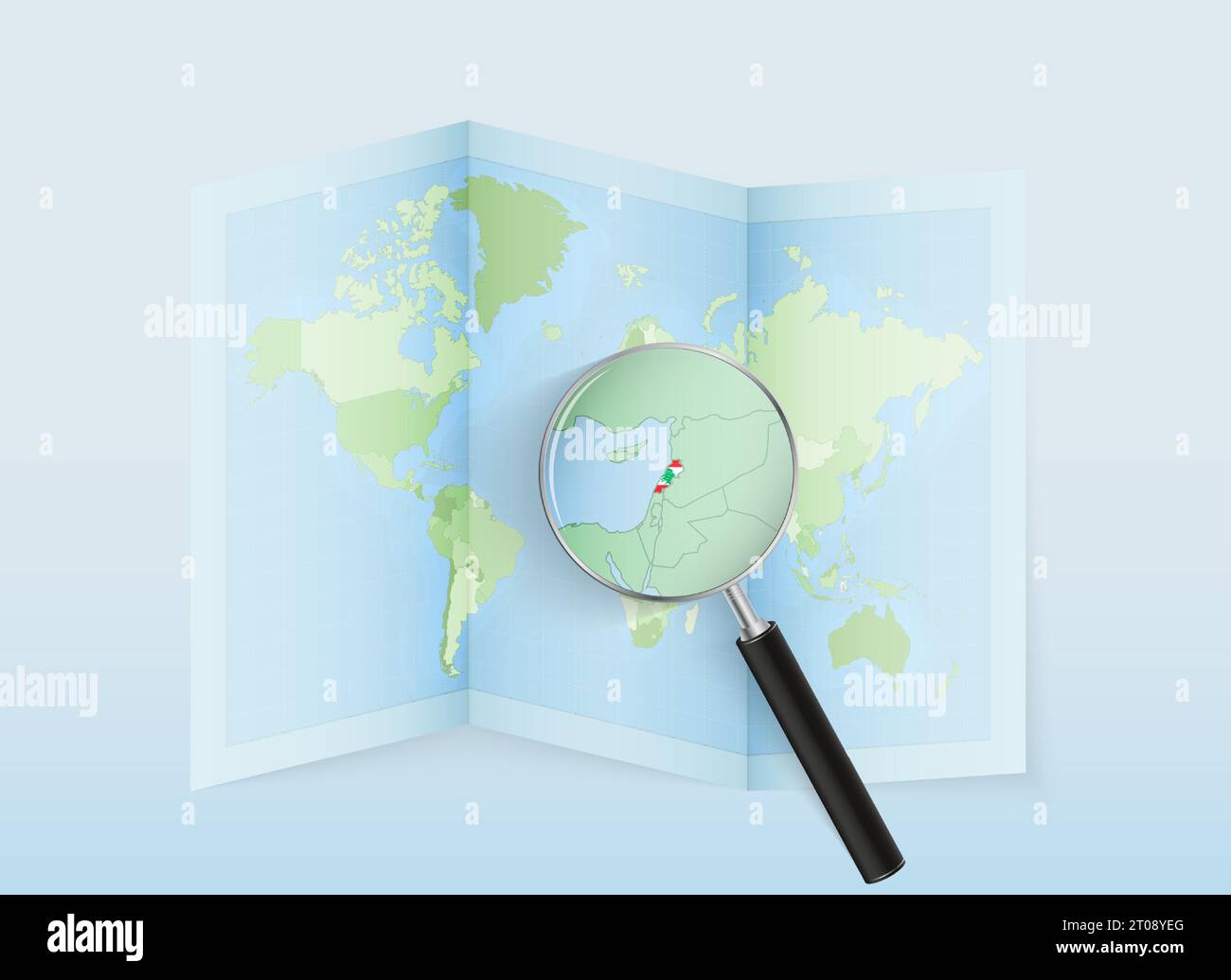 A folded world map with a magnifying lens pointing towards Lebanon. Map ...