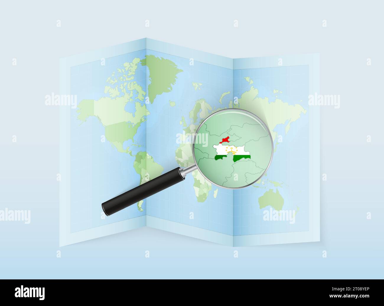A folded world map with a magnifying lens pointing towards Tajikistan. Map and flag of Italy in ...