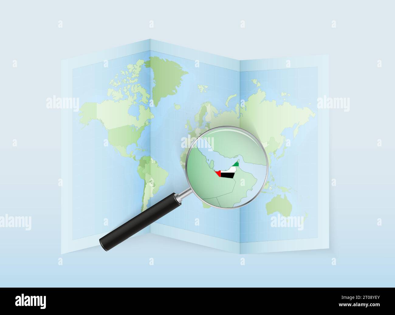 A folded world map with a magnifying lens pointing towards United Arab ...