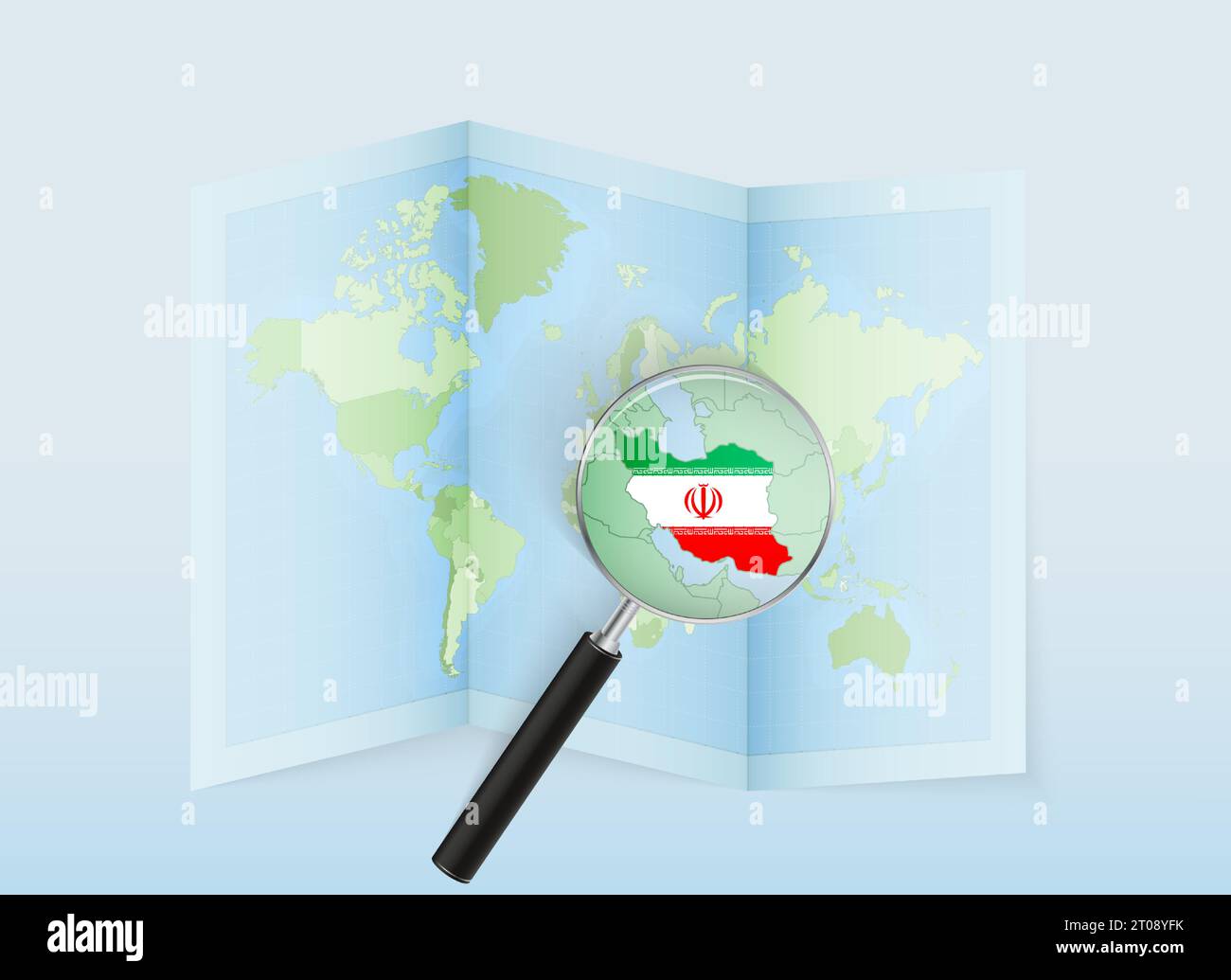 A folded world map with a magnifying lens pointing towards Iran. Map ...