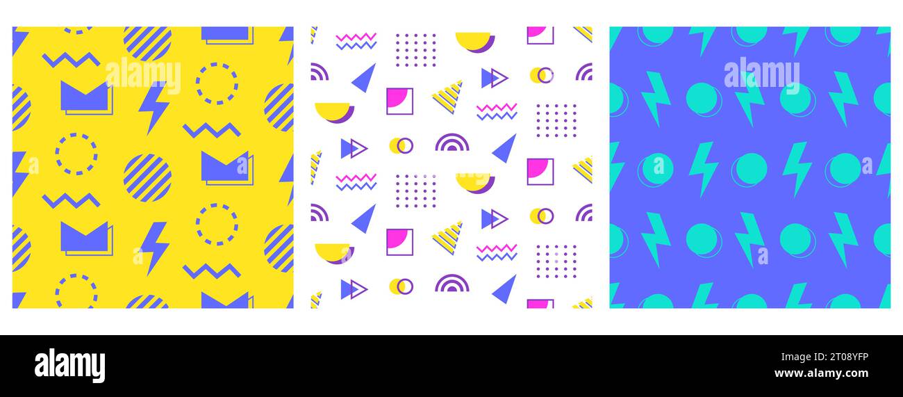 90s Trendy Geometric Memphis Seamless Patterns Set Stock Vector Image ...