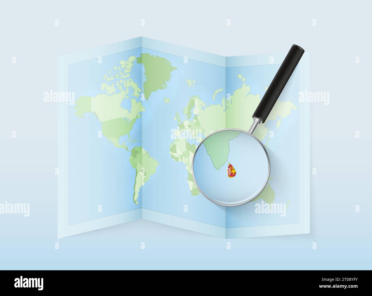 A folded world map with a magnifying lens pointing towards Sri Lanka ...