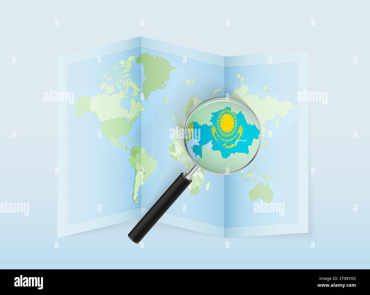 A folded world map with a magnifying lens pointing towards Kazakhstan ...