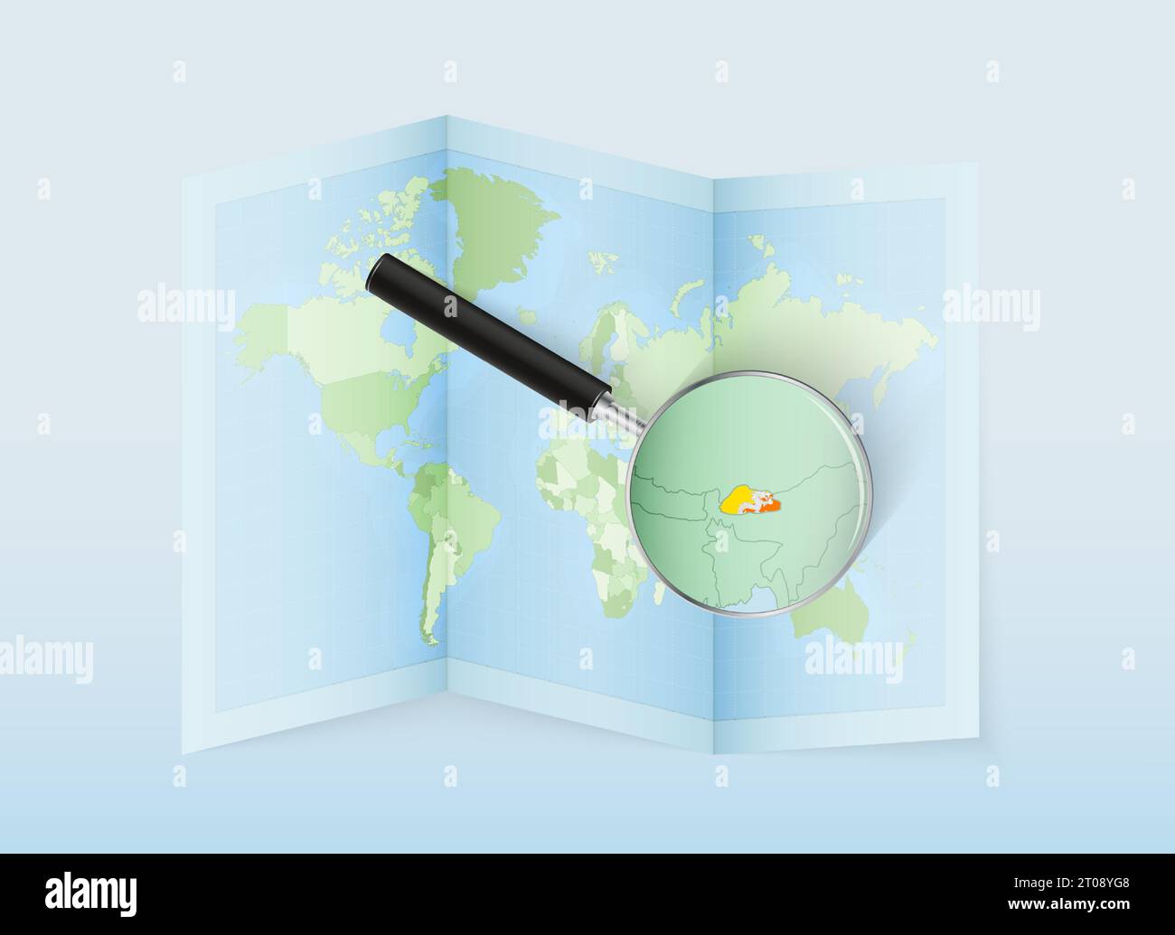 A folded world map with a magnifying lens pointing towards Bhutan. Map and flag of Italy in ...