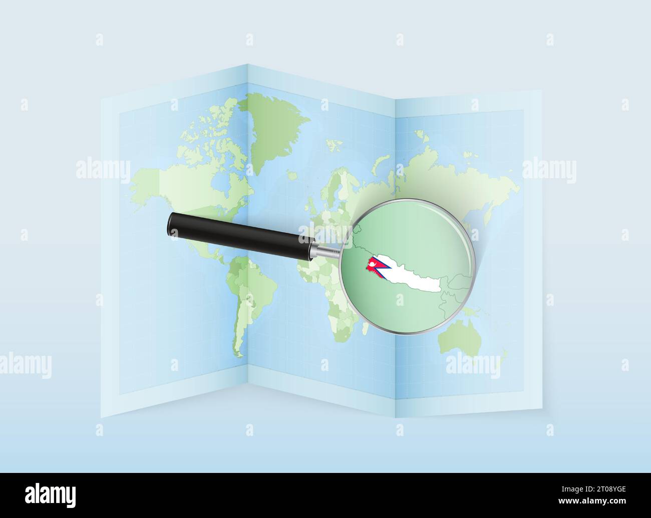 A folded world map with a magnifying lens pointing towards Nepal. Map and flag of Italy in loupe ...