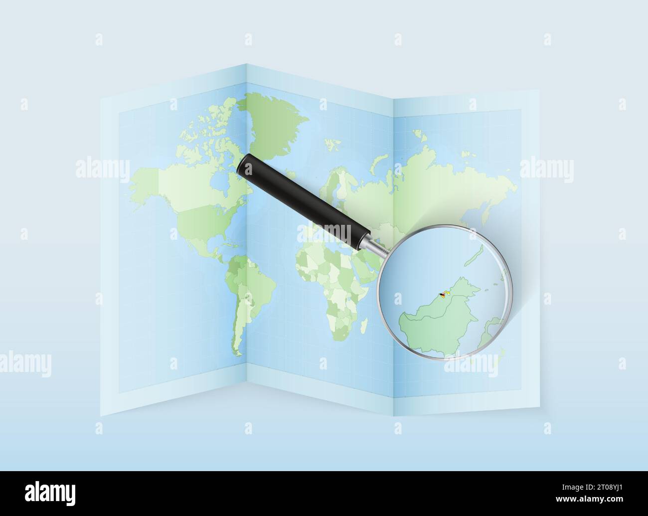 A folded world map with a magnifying lens pointing towards Brunei. Map and flag of Italy in ...