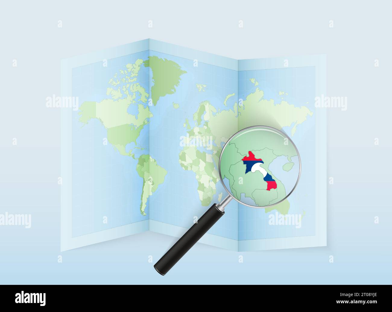 A folded world map with a magnifying lens pointing towards Laos. Map ...
