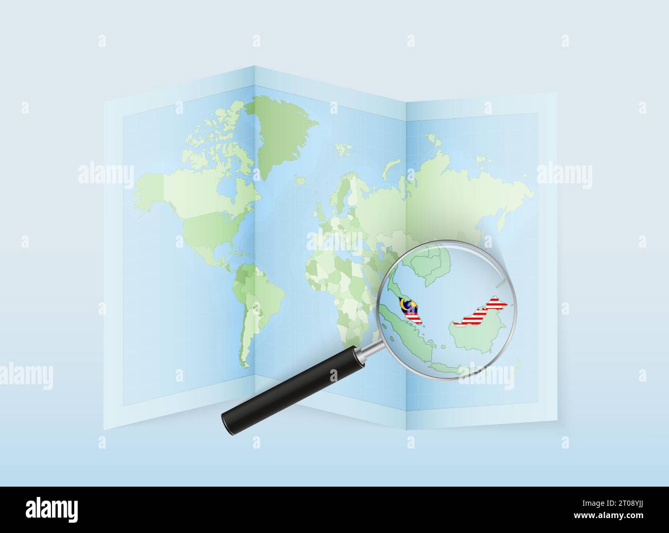 A folded world map with a magnifying lens pointing towards Malaysia. Map and flag of Italy in ...