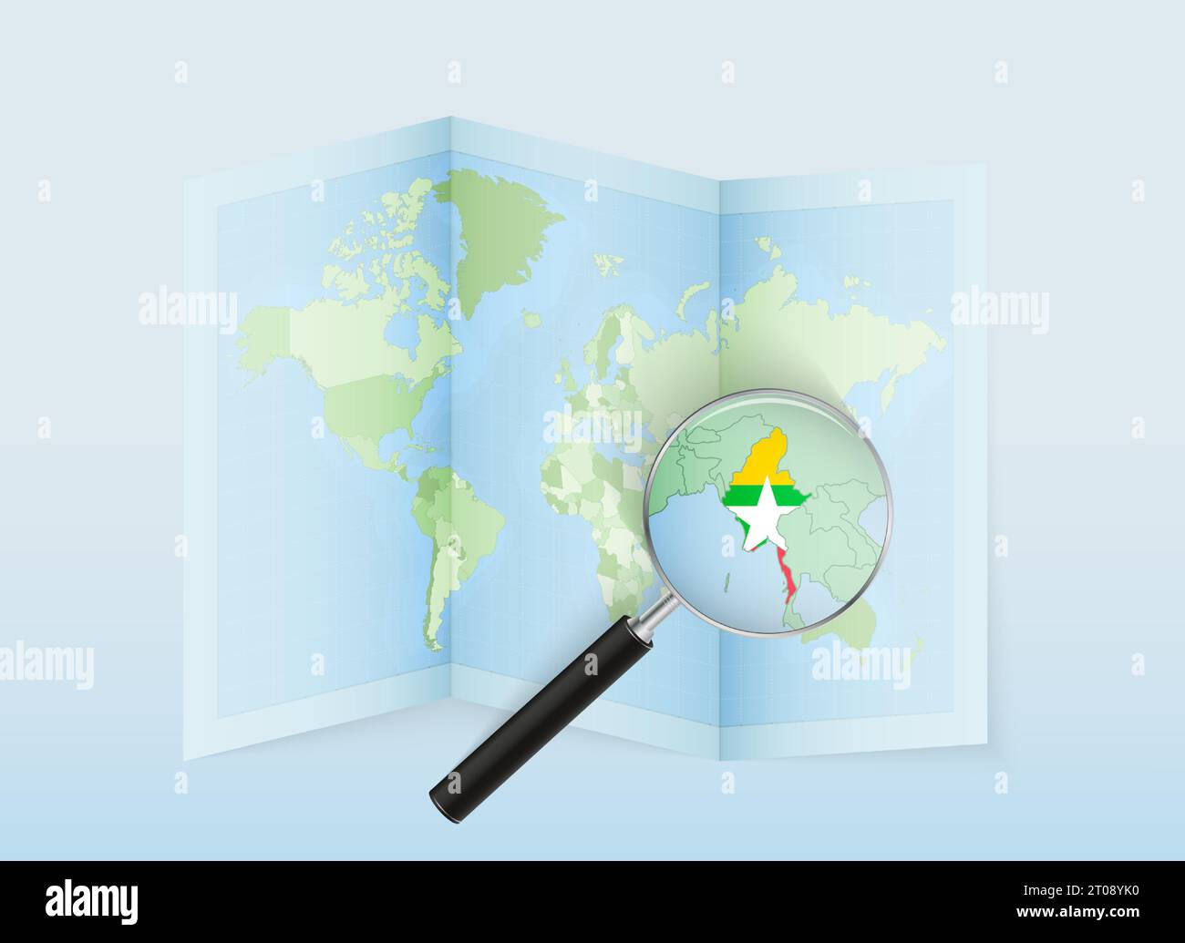 A folded world map with a magnifying lens pointing towards Myanmar. Map and flag of Italy in ...