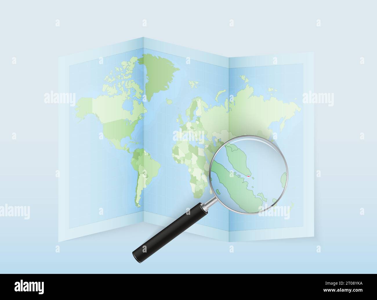 A folded world map with a magnifying lens pointing towards Singapore ...